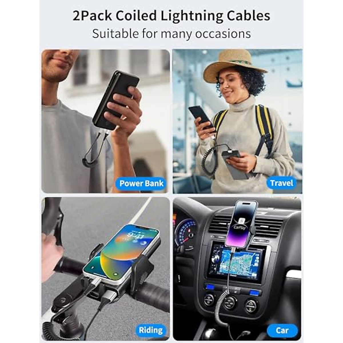 Coiled Lightning Cable for Car (3FT/6FT), 2Pack Retractable iPhone Charger Cord Fast Charging, [MFi Certified] Short Apple CarPlay USB to Lightning Cord for iPhone 14 13 12 11 Pro Max XR XS 8 SE, iPad