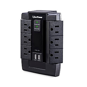 CyberPower CSP600WSU Surge Protector, 1200J/125V, 6 Swivel Outlets, 2 USB Charging Ports, Wall Tap Design, Black