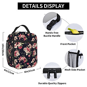 YETTA YANG Flower Floral Cute Black Pink Portable Lunch Bag Insulated Lunch Box Reusable Totes For Women Men Work Picnic Camping