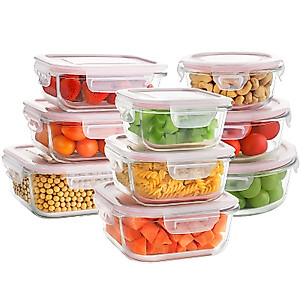Bayco Glass Storage Containers with Lids, 9 Sets Glass Meal Prep Containers Airtight, Glass Food Storage Containers, Glass Containers for Food Storage with Lids - BPA-Free & Leak Proof(Pink)
