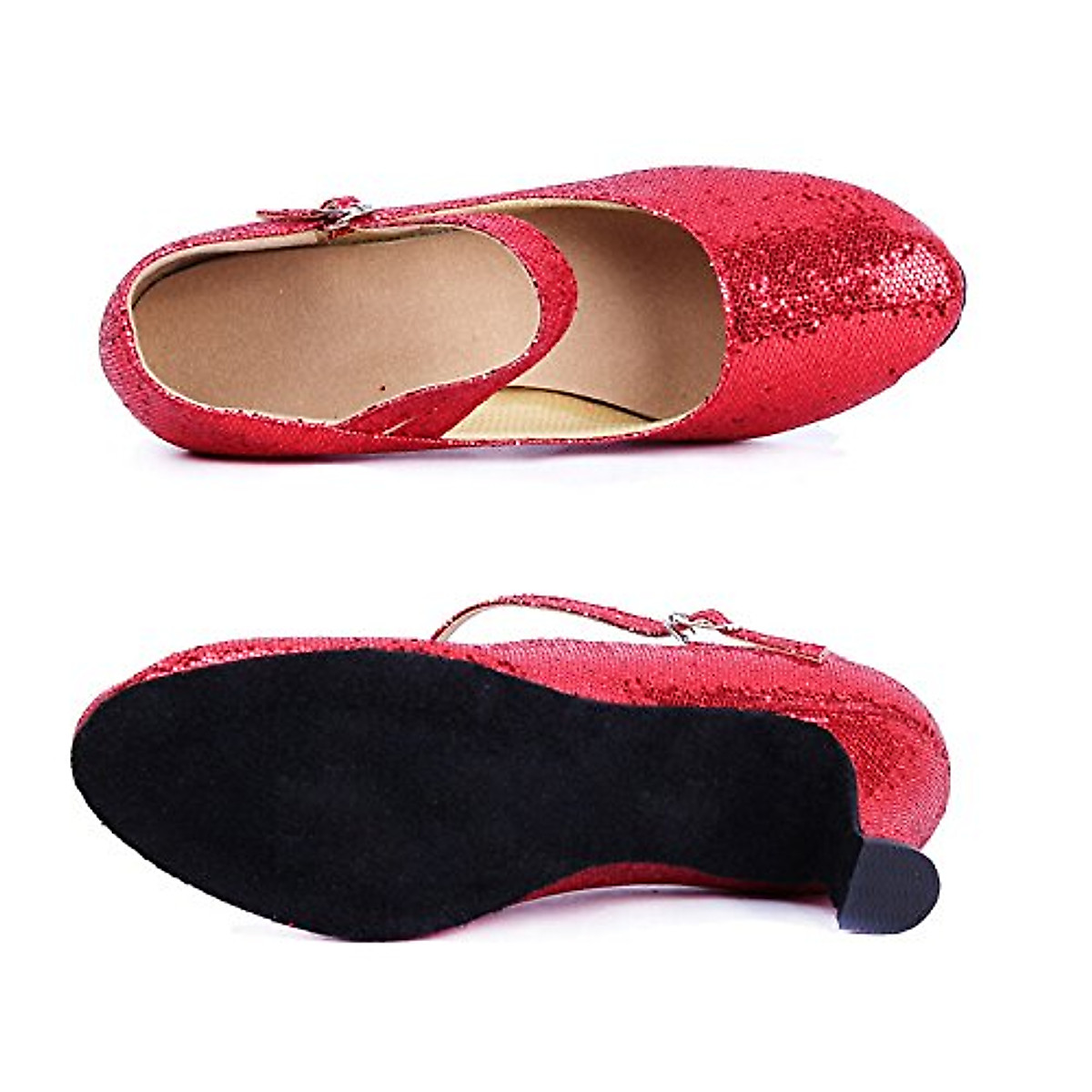 missfiona Women's Glitter Latin Ballroom Dance Shoes Pointed-Toe Y Strap Dancing Heels(6.5, Red)