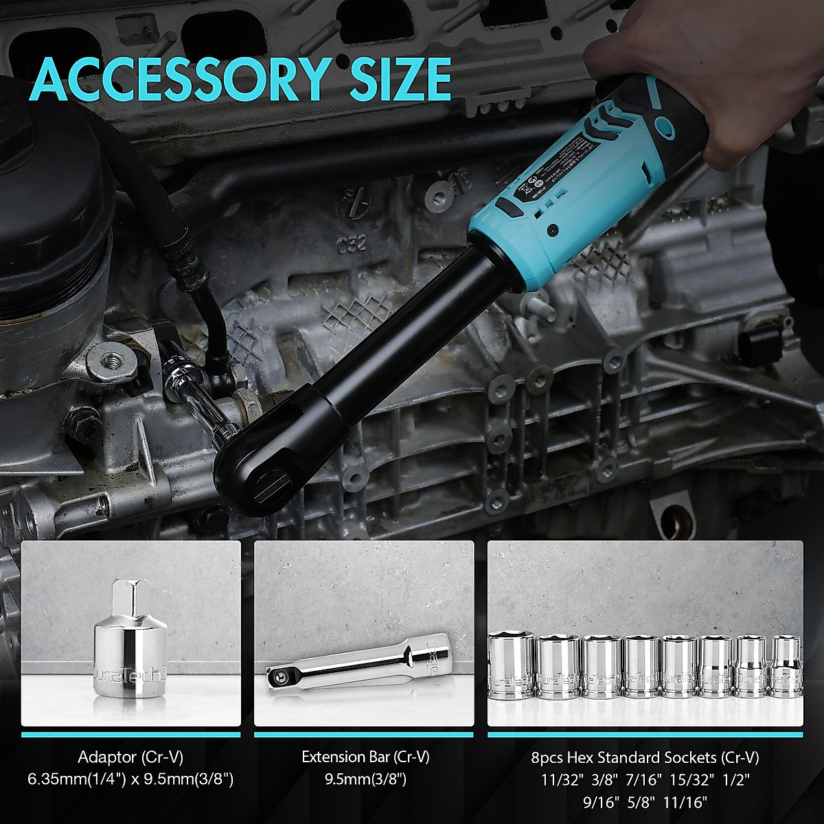 DURATECH Extended Cordless Ratchet Wrench, 3/8" 12V 44 Ft-Lbs Long Neck Electric Ratchet Wrench with 2-Pack 2.0Ah Li-Ion Battery, 1 Hour Fast Charger, 10 Sockets Accessories & Variable Speed Trigger