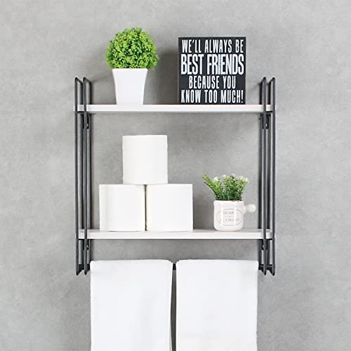 Industrial Pipe Shelving,Iron Shelves Industrial Bathroom Shelves with Towel bar,16.9in Rustic Metal Pipe Floating Shelves Pipe Wall Shelf,2 Tier Industrial Shelf Wall Mounted,Retro White
