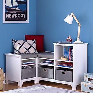 Martha Stewart Kids' Corner Nook - Creamy White: Wooden Storage Bench Bookcase Organizer with Seat Cushion and Fabric Bins for Reading in Bedroom or Playroom