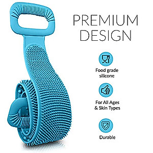 Exfoliating Back Scrubber, Silicone Body & Back Scrubbing Brush for Acne Sweat Blackheads, Double Sided Cleaning Shower Strap, Silicone Scrubber Belt for Bath & Shower, Extra Long Length 30” (Blue)