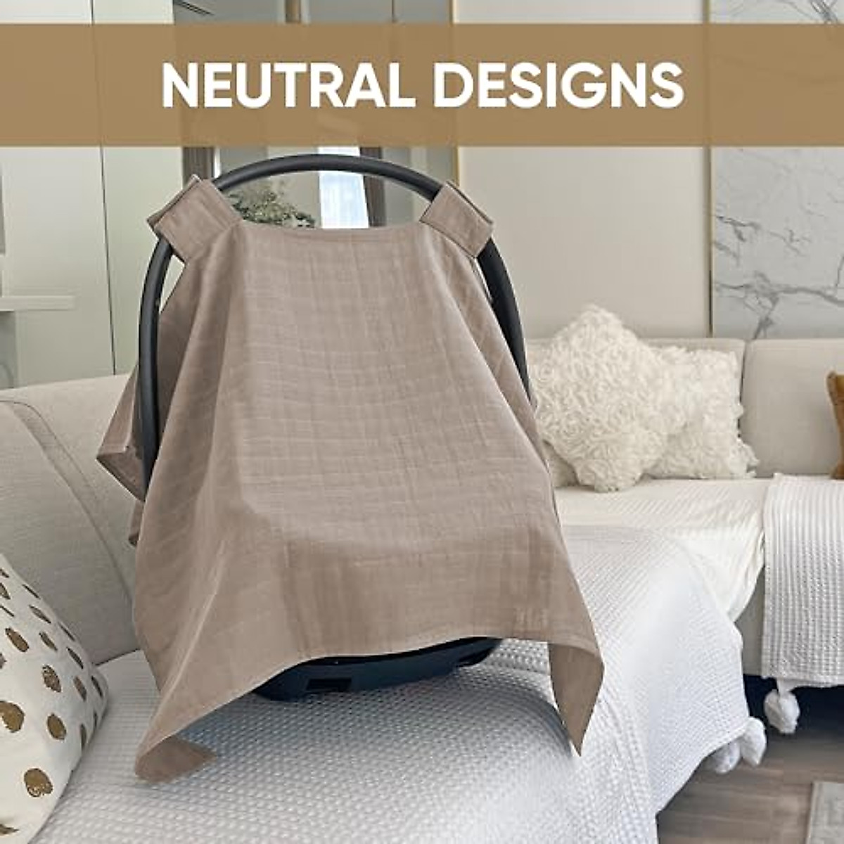 MOZAH Baby Car Seat Cover - Warm Taupe - 100% Organic Muslin - Soft, Breathable and Lightweight, Baby Infant Car Seat Essentials
