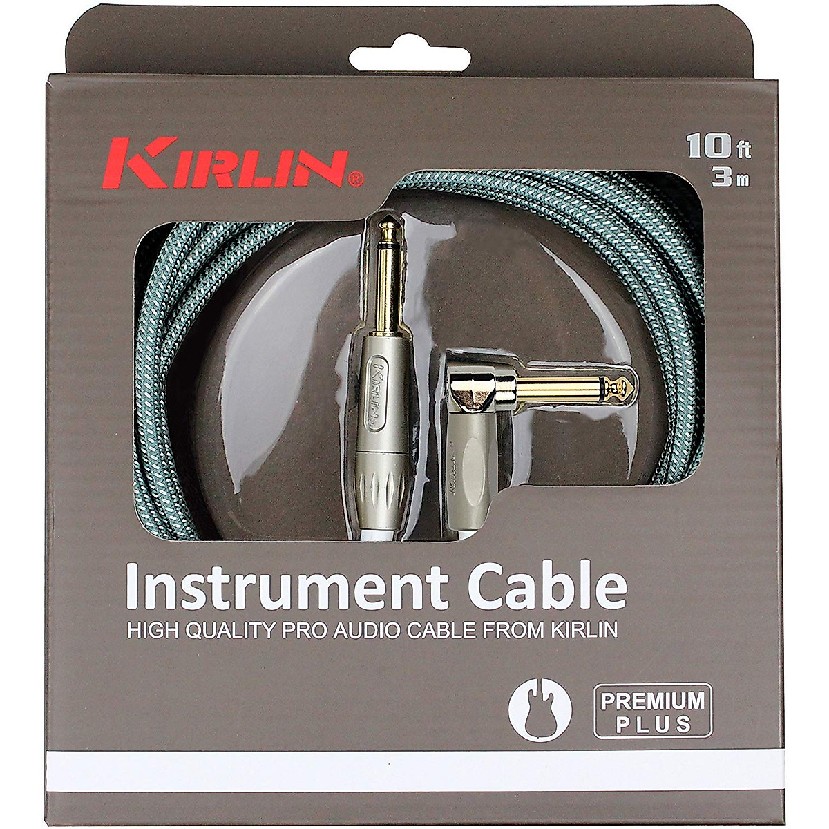 Kirlin Cable IWB-202PFGL-10/OL -10 feet- Straight to Right Angle 1/4-Inch Plug Premium Plus Instrument Cable, Olive Green Tweed Woven Jacket