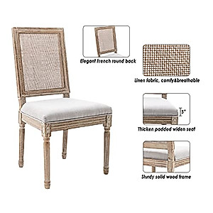 CIMOTA Farmhouse Dining Chairs Set of 2, French Rattan Dining Room Chairs with Rectangle Back/Distressed Wood Upholstered Vintage Side Chairs for Kitchen/Restaurant, Grey/2PCS