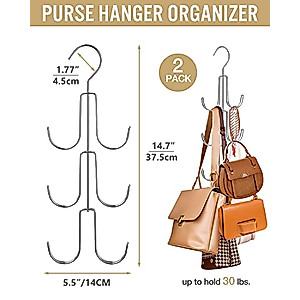 2Pack Purse Hanger Organizer for Closet Handbag Silver Metal Holder, Hanging Closet Organization Storage Scarves, Men's Ties, Women's Shawls, Backpacks, Belts, Accessories, Clothes (Silver)
