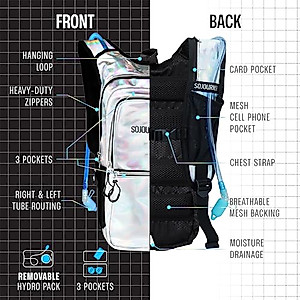 SOJOURNER Rave Hydration Pack Backpack - 2L Water Bladder Included for Festivals, Raves, Hiking, Biking, Climbing, Running and More (Multiple Styles) (Holographic - Silver)