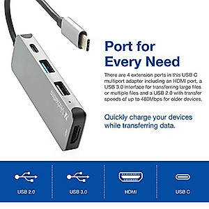 Verbatim 4-in-1 USB C Hub Adapter with Dongle - 60W Power Delivery, USB 3.0, USB 2.0 for USB C Laptops + 6FT Monster 4K Ultra HDMI Cable