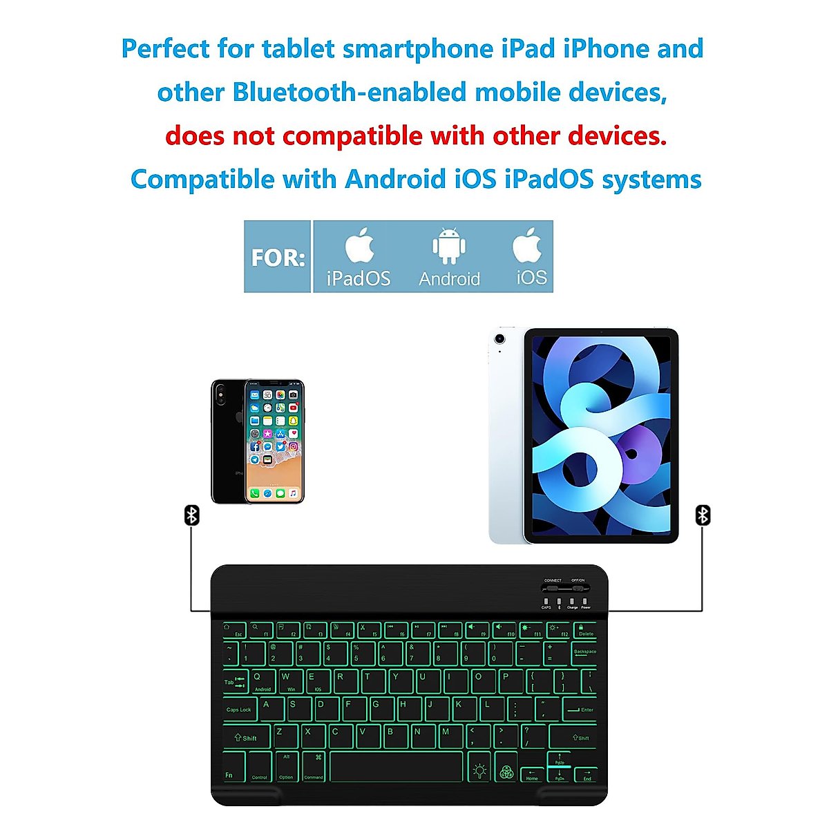 Backlit Bluetooth Keyboard Small Portable External Wireless Keyboard Cordless Rechargeable Illuminated for Android Tablet Cell Phone Smartphone iPad Pro Air Mini iPhone Windows Surface (Black)