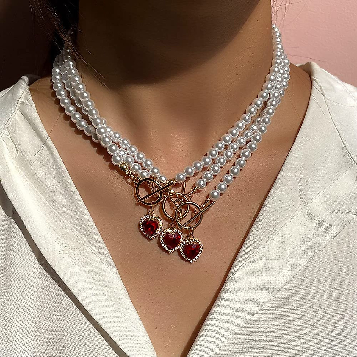 Asphire Vintage Pearl Necklace with Ruby Heart Pendant Elegant Bridal Crystal Gem Necklace Toggle Clasp Choker Necklace for Women Wedding Festival Gift