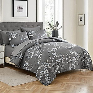 LXWORX Comforter Set King Size - 7 Pieces Bed in a Bag, Bedding Set, Soft Lightweight Grey Comforter Sets with Sheets and Pillows (Grey,King)