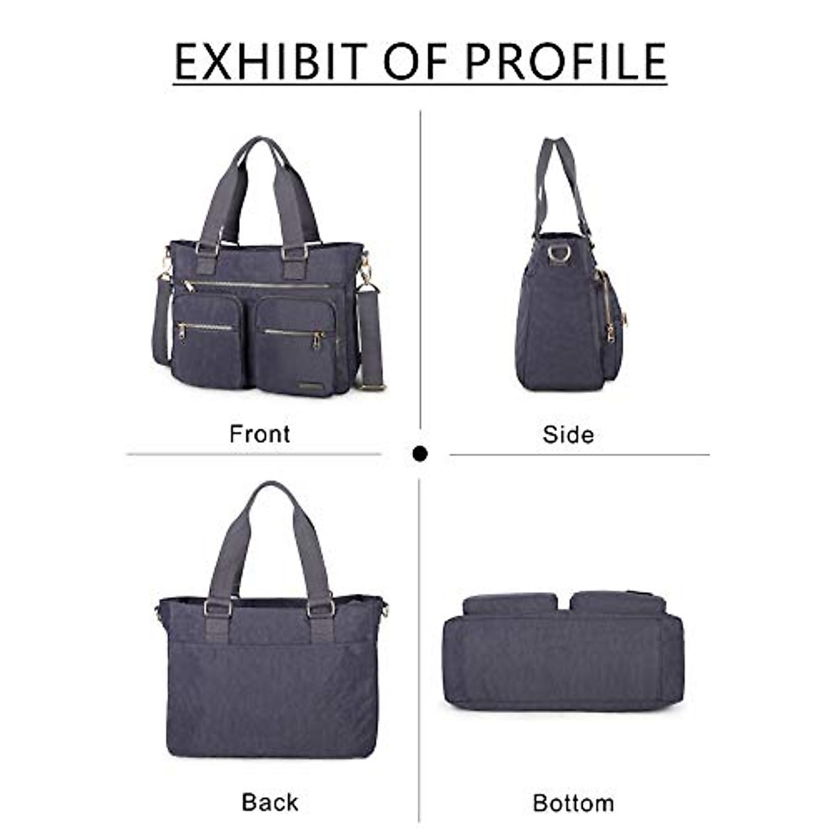 La Packmore Water Repellent Nylon Shoulder Bag Handbag Laptop Bag Teacher Nurse Tote Briefcase Clinical Bag (14-Inch, Charcoal)