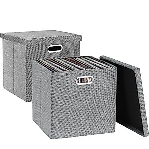 Qozary Vinyl Record Storage Box - 2 Pack Vinyl Record Holder for 100+ Single Records, 12 inches LP Albums Storage Box with Lid - Keeping Your Vinyl Vintage Albums Safe and Stored Well
