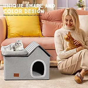 Topmart Cat House with Cat Bed,Large Cat Houses for Indoor Cats Condo,2-in-1 Cat Condo Pet Bed for Kitten and Small Cat, Grey