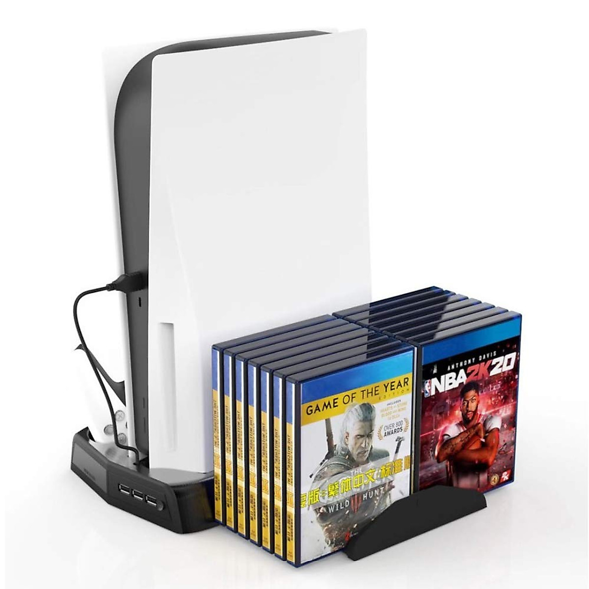 LULU MART PS5 Console with Dualsense Charging Station Cooling Fan Vertical Stand, Retractable Video Game Disc Storage for PS5 All in 1 Console Playstation 5 Console