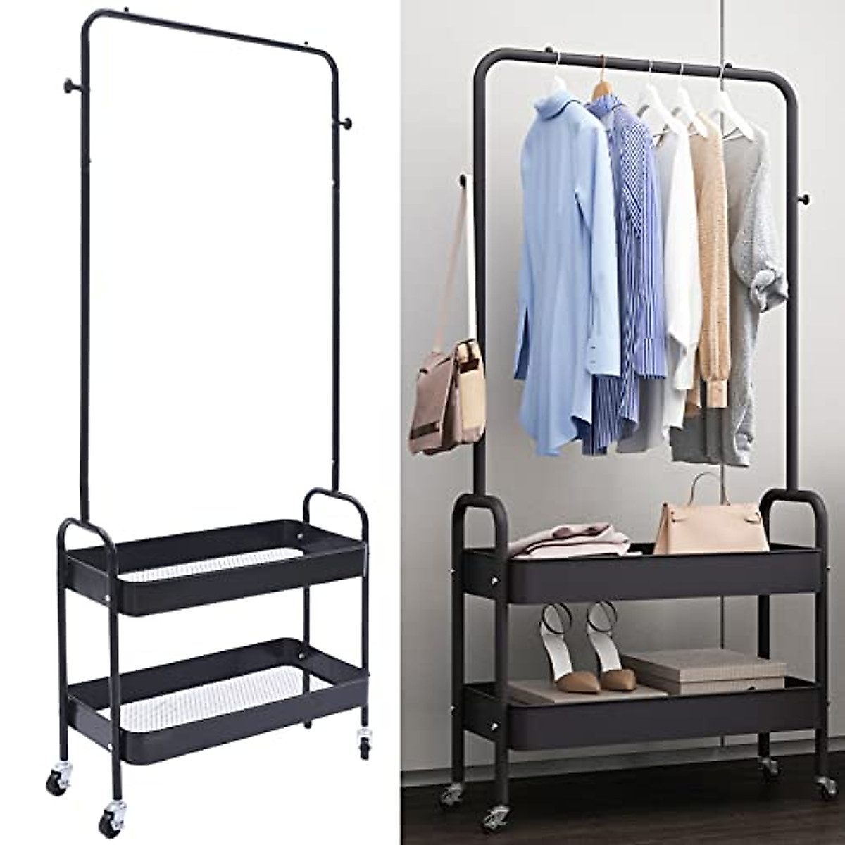 LOHISHILO 2-in 1 Clothing Rack Portable Clothes Hanger Stand with 2 Tier Metal Basket Rolling 4 Wheels, for Hallway, Living Room, Bedroom, Dressing Room, Laundry Room(2-in 1 Black)