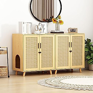 Lovinouse Large Cat Litter Box Enclosure, Hidden Cat Washroom Furniture with Sisal Covered Doors, 2 Layer Wooden Cat Cabinet with Adjustable Shelf, Side Table TV Stand for Living Room