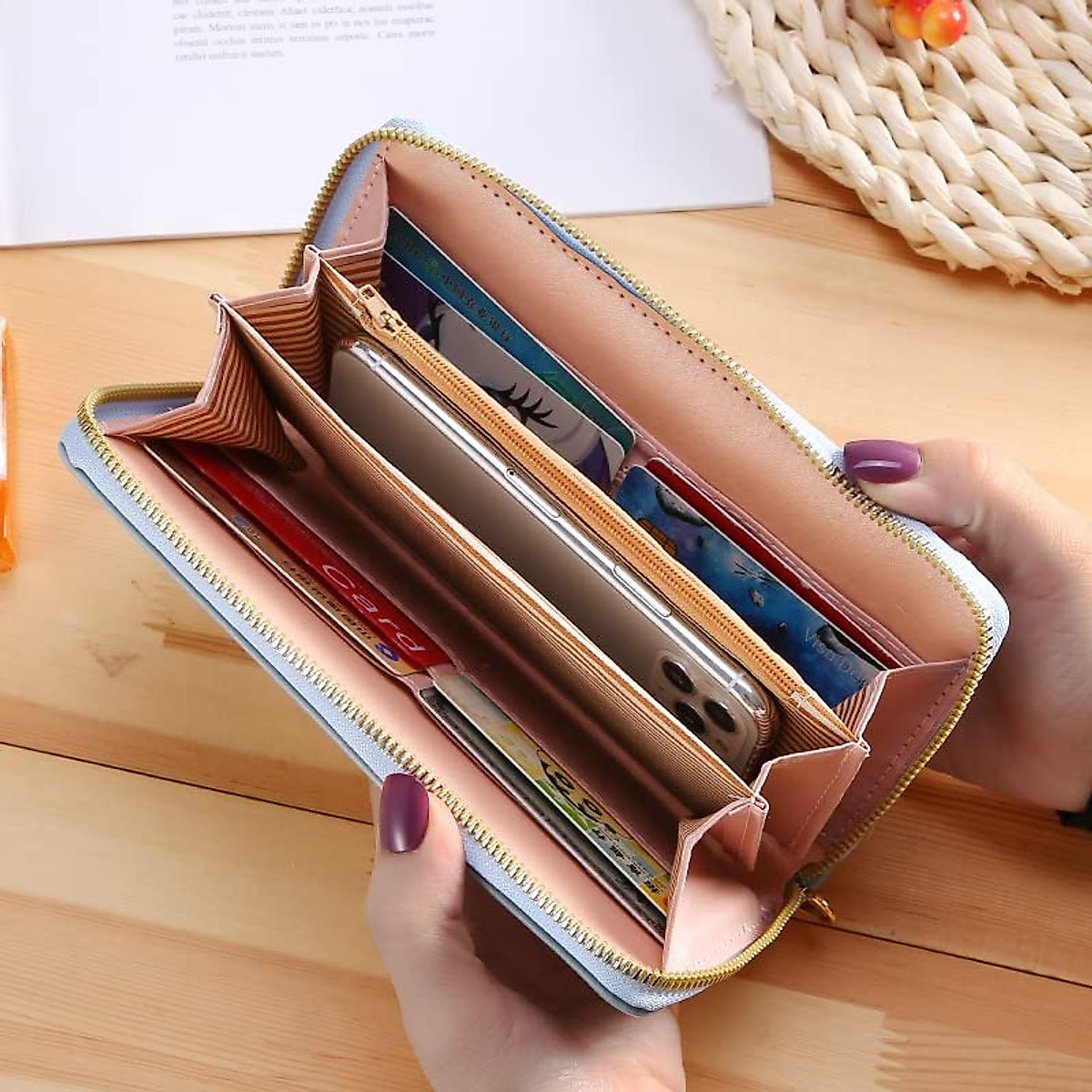 Blue Color Womens Wallet Leather Zip Around Wallet Large Capacity Long Purse Credit Card Clutch Wristlet