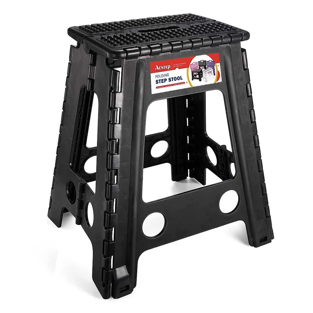 ACSTEP 18 Inch Folding Step Stools for Adults and Kids, Non-Slip Foldable Plastic Collapsible Stepping Stool with Handle Holds Up to 300 LBS Dot Black (1 Pack)