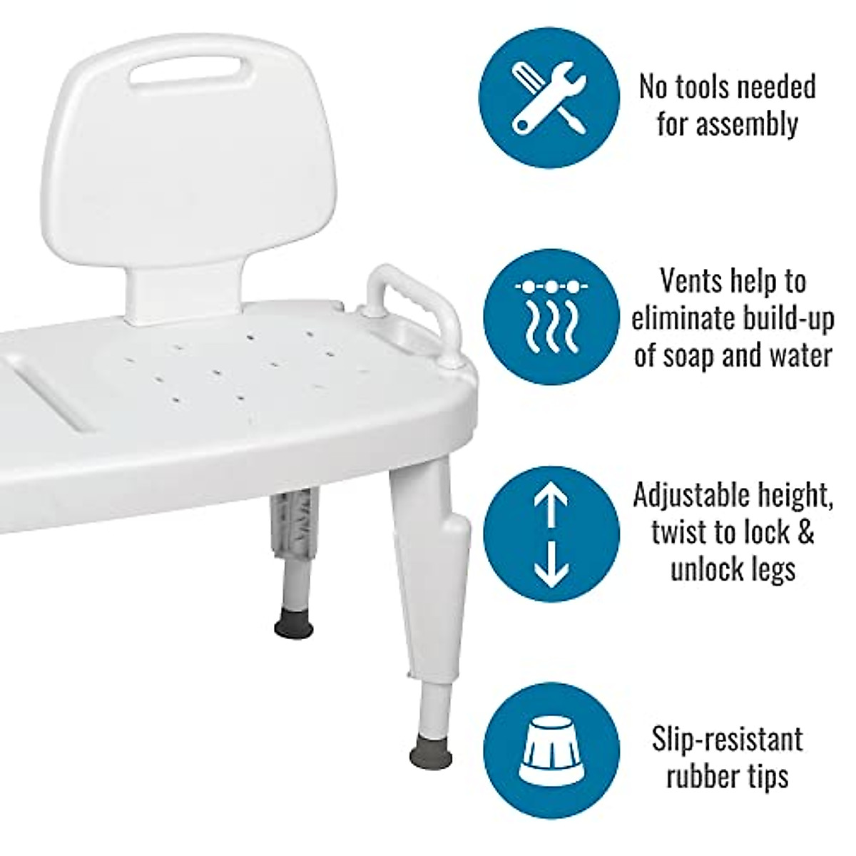 DMI Tool-Free Universal Transfer Bench for Bathtubs & Showers, 350lb Weight Capacity, Adjustable Legs, Secure Handles, FSA & HSA Eligible
