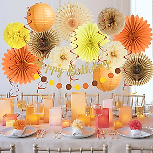 Fall Birthday Decorations Girl Rustic Nature Autumn Birthday Party Decorations Paper Fans Brown Orange Cream Tissue Pom Poms Lanterns with Happy Birthday Banner Gold Paper Circle Garland for Women