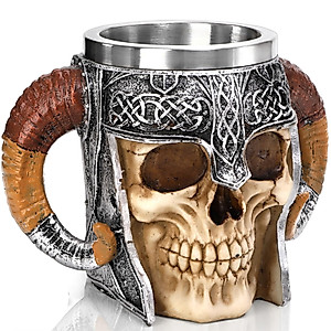 Tlence Stainless Steel Skull Mug, 20 OZ Halloween Viking Drinking Cup, Large Skeleton Resin Beer Stein Tankard with Double Handles, Bar Drinkware Medieval Decoration for Coffee, Tea, Novelty Gifts