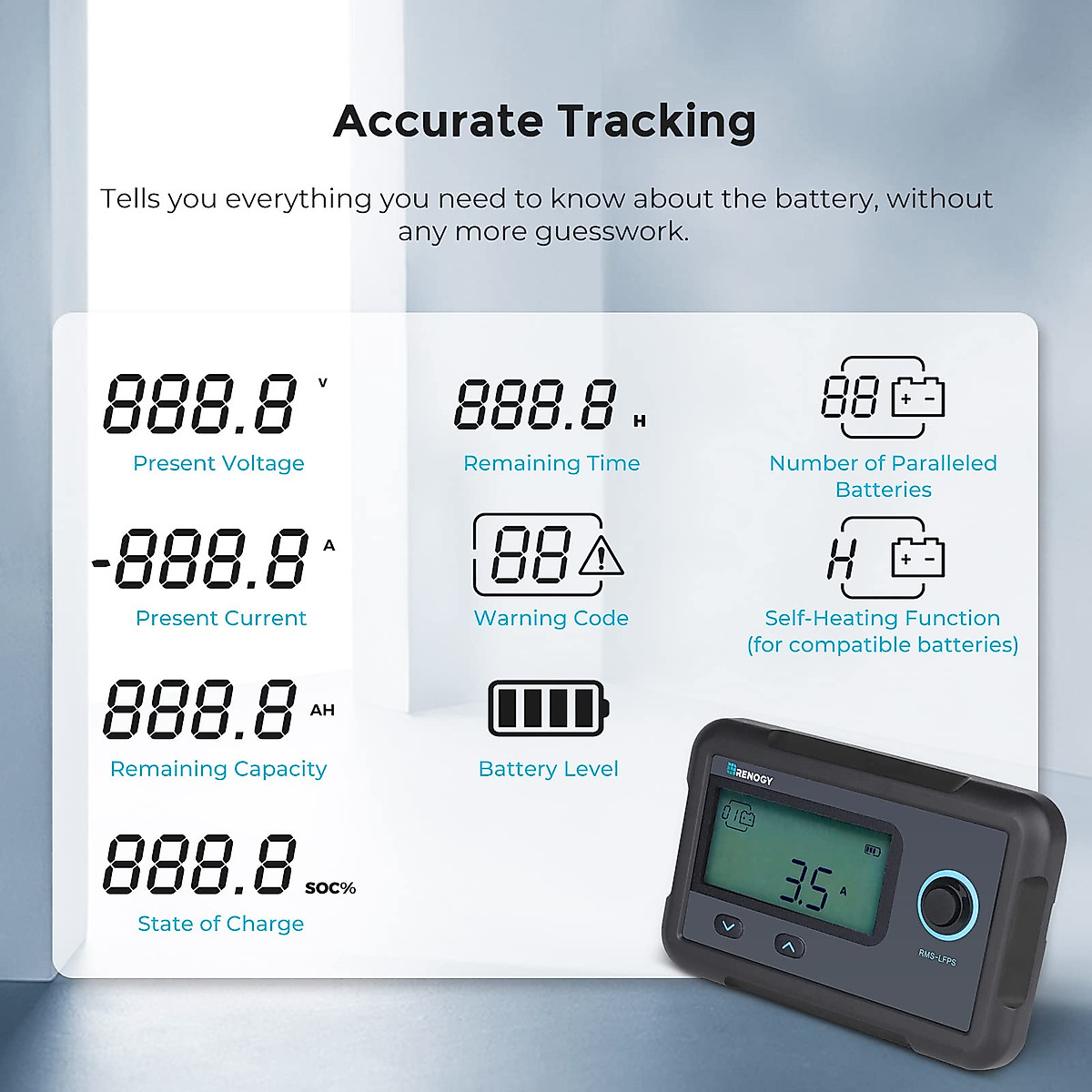 Renogy Monitoring Screen for Smart Lithium Battery Series,Black