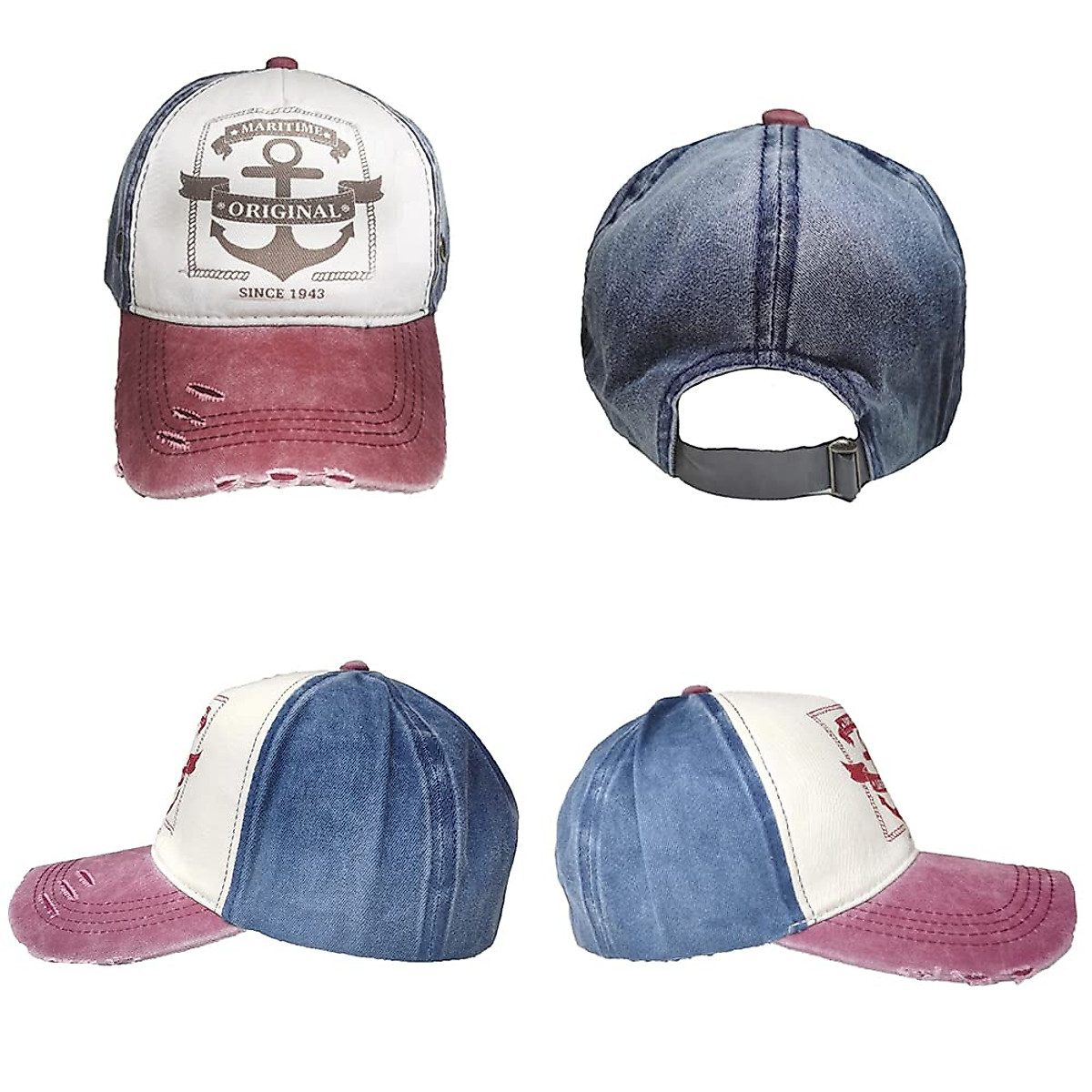 LONGTEN Vintage Baseball Cap Fashion Anchor Pattern Denim Cotton Frayed Edge Sunhat Adjustable Unisex C