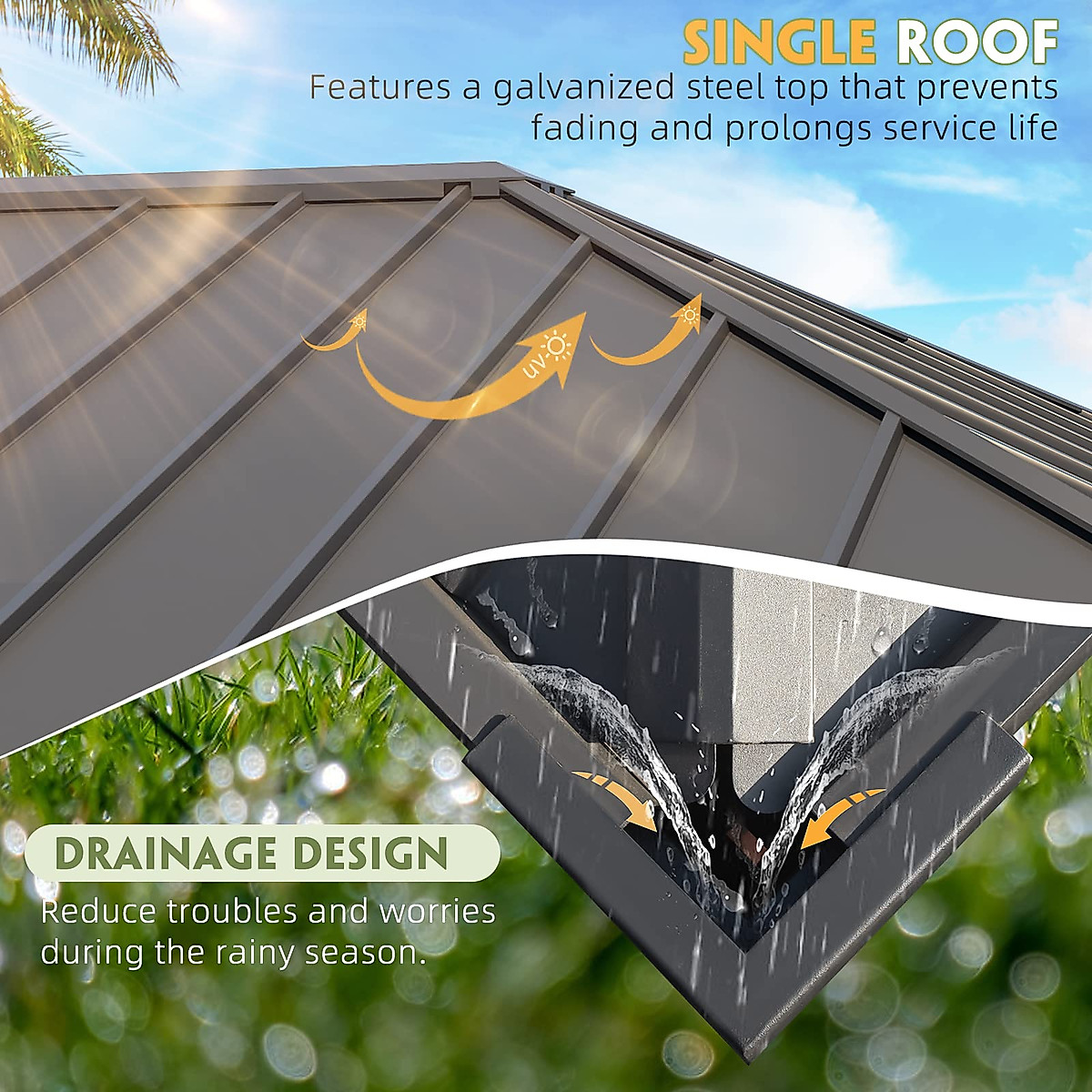 EROMMY 12'x14' Hardtop Gazebo, Galvanized Steel Top with Wood Grain Aluminum Frame, Permanent Metal Pavilion with Three-Layer Storage Shelves for Patio, Backyard, Deck and Lawns