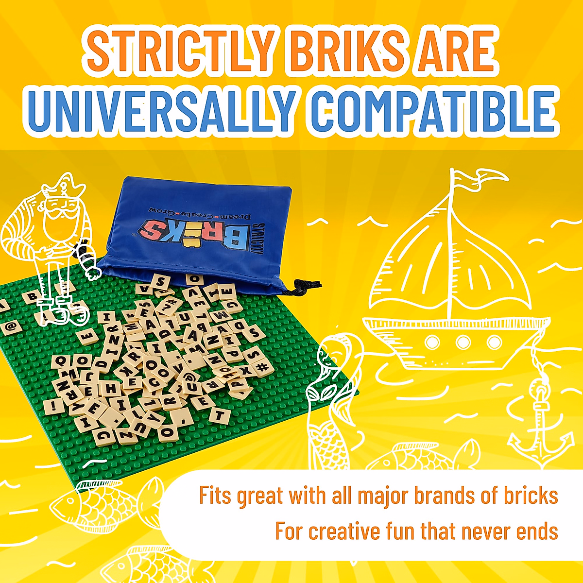 Strictly Briks Compatible with Lego AlphaBriks and 10x10 Green Baseplate, 100 Pieces, 2x2 Alphabet Letter Bricks, Easy to Remove, Fun and Educational Tool, 100% Compatible with All Major Brands