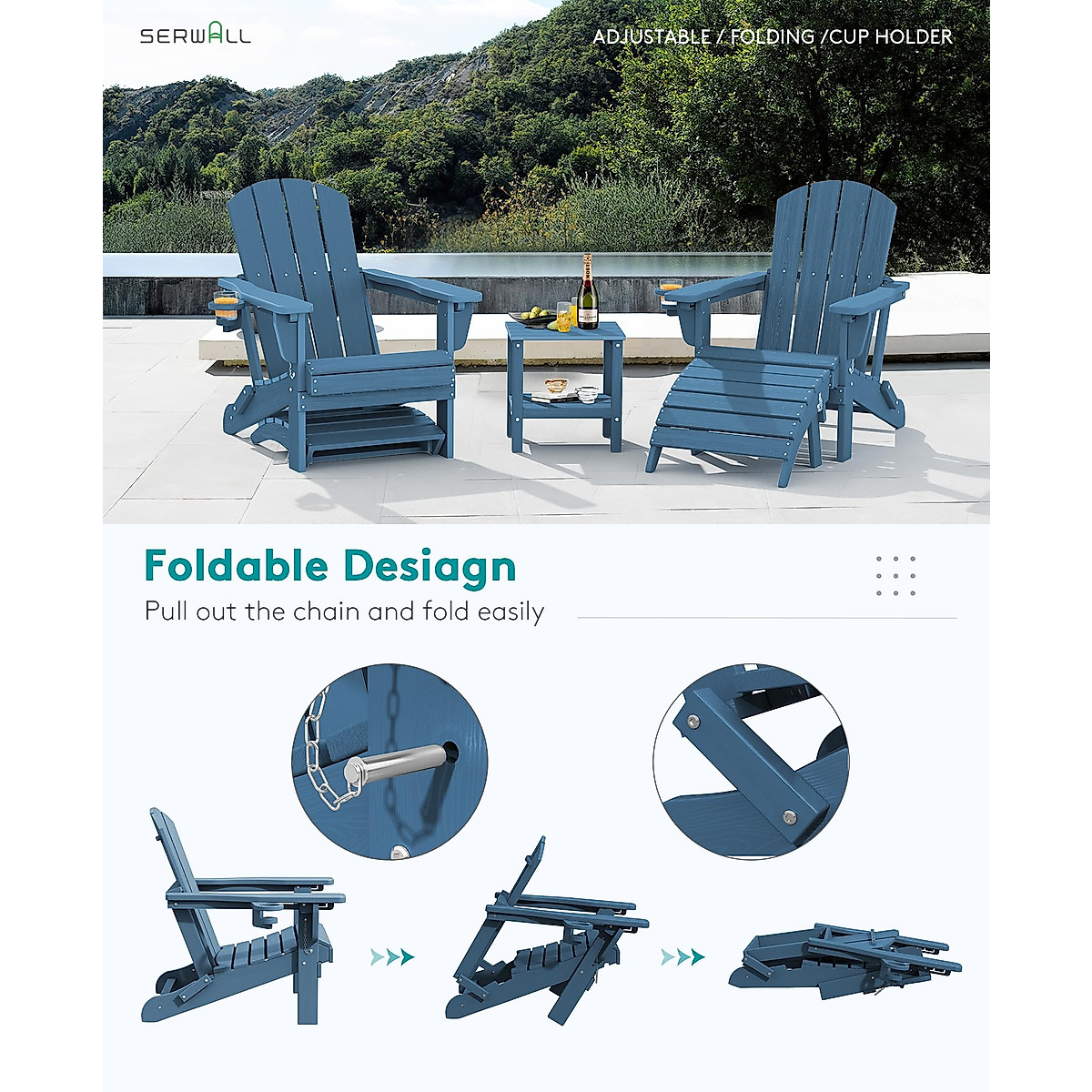 SERWALL 5-Piece Adirondack Chair and Ottoman and Table Set, HDPE Weather Resistant Adjustable Backrest Adirondack Chair with Ottoman and Side Table, Navy