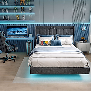 Saudism Upholstered Bed Frame with Storage Headboard, USB Ports, LED Lights - Queen Size, Floating, Noise-Free, Dark Grey