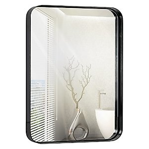 Hamilton Hills 16x24 inch Metal Black Frame Mirror for Bathroom | Brushed Rectangular Rounded Corner Vanity | 2" Deep Set Design Small Wall Mirrors Decorative | Hangs Horizontal and Vertical