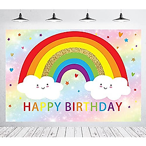 Rainbow Birthday Backdrops for Girls Bokeh Happy Birthday Party Decoration Supplies Kids Rainbow Clouds Cake Table Banner Photo Studio Props 5x3ft