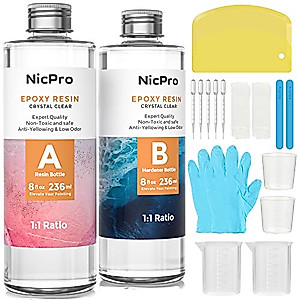 Nicpro 16 Ounce Crystal Clear Epoxy Resin Kit, DIY Starter Epoxy Resin Supplies with 4 Measuring Cups, 2 Silicone Sticks, Gloves, Spreader for Art Craft Casting & Coasting, Molds, Jewelry Making