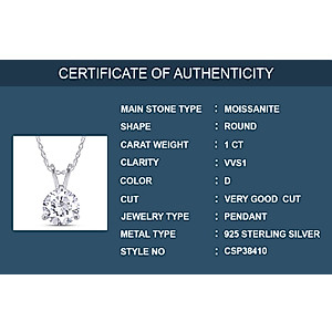 SAVEARTH DIAMONDS 1 CT D Color Moissanite Pendant Necklace For Women VVS1 Round Cut Three-Claw Lab Created Diamond 18K White Gold Plated 925 Sterling Silver Necklace With Certificate