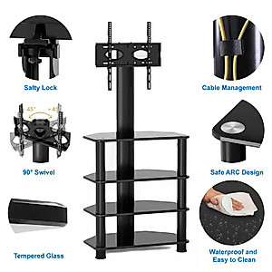 YOMT Floor TV Stand with 4 Tier Media Stand Audio Video Rack Tower for Entertainment Stereo Component, Tall TV Stand with Swivel Mount for 32-70 inch TV, Perfect for Corner and Small Spaces