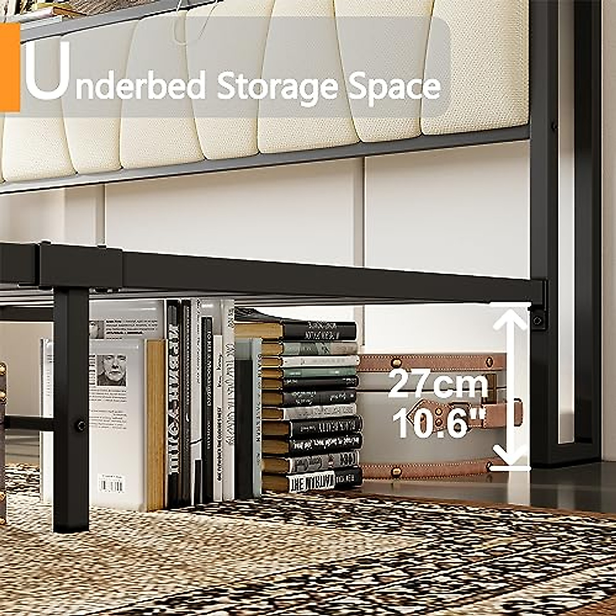 LIKIMIO King Bed Frame, Storage Headboard with Charging Station, Solid and Stable, Noise Free, No Box Spring Needed, Easy Assembly (Walnut and Beige)