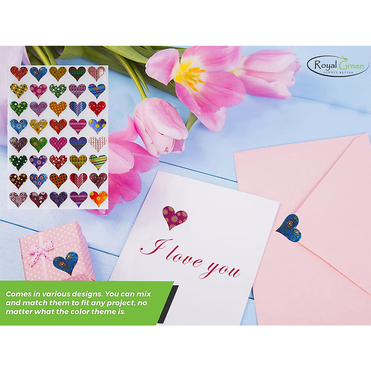 Royal Green Foil Heart Stickers in Gold Heart Shape Labels for Art and Crafts Permanent Adhesive - 400 Pack