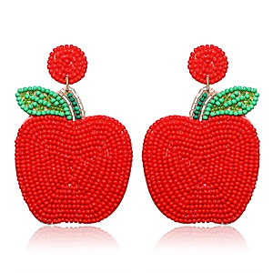 Beaded Earrings HandmadeTeacher Apple Bead Dangling Earrings Funny Fruit Drop Dangle Earrings for Women Teacher’s Day Appreciation Back to School Jewelry Gifts