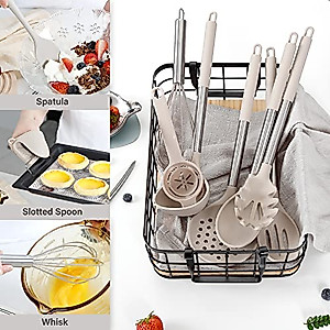 NCUE Cooking Utensils Set, 28 Pcs Silicone Kitchen Utensils Set with Holder, Silicone Whisk, Spatulas, Scissors, Measuring Cups and Spoons Set with Stainless Steel Handle Kitchen Gadgets (Khaki)