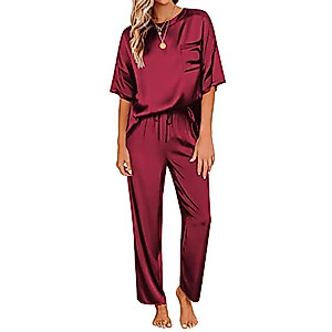 Inadays Womens Silk Pajamas Set Satin Silky Lounge Set Short Sleeve Shirt with Long Pajama Pant Pajamas For Women Set Red Wine