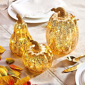 LampLust Gold Glass Pumpkin with Lights - Set of 3, Mercury Glass Style, Batteries Included, Thanksgiving Harvest Decorations, Timer, LED Lighted Gold Pumpkins for Decorating Fall Decor