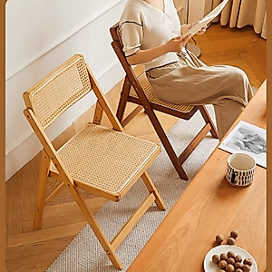 EHERDM Folding Rattan Chair with Backrest Foldable Solid Wood Rattan Chair Kitchen Dining Chair Patio Rattan Chair Garden Rattan Chair for Indoor and Outdoor Burlywood