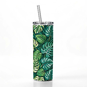 Monstera Leaves Pattern Skinny Tumbler 20oz with Straw Insulated Water Bottle Gift
