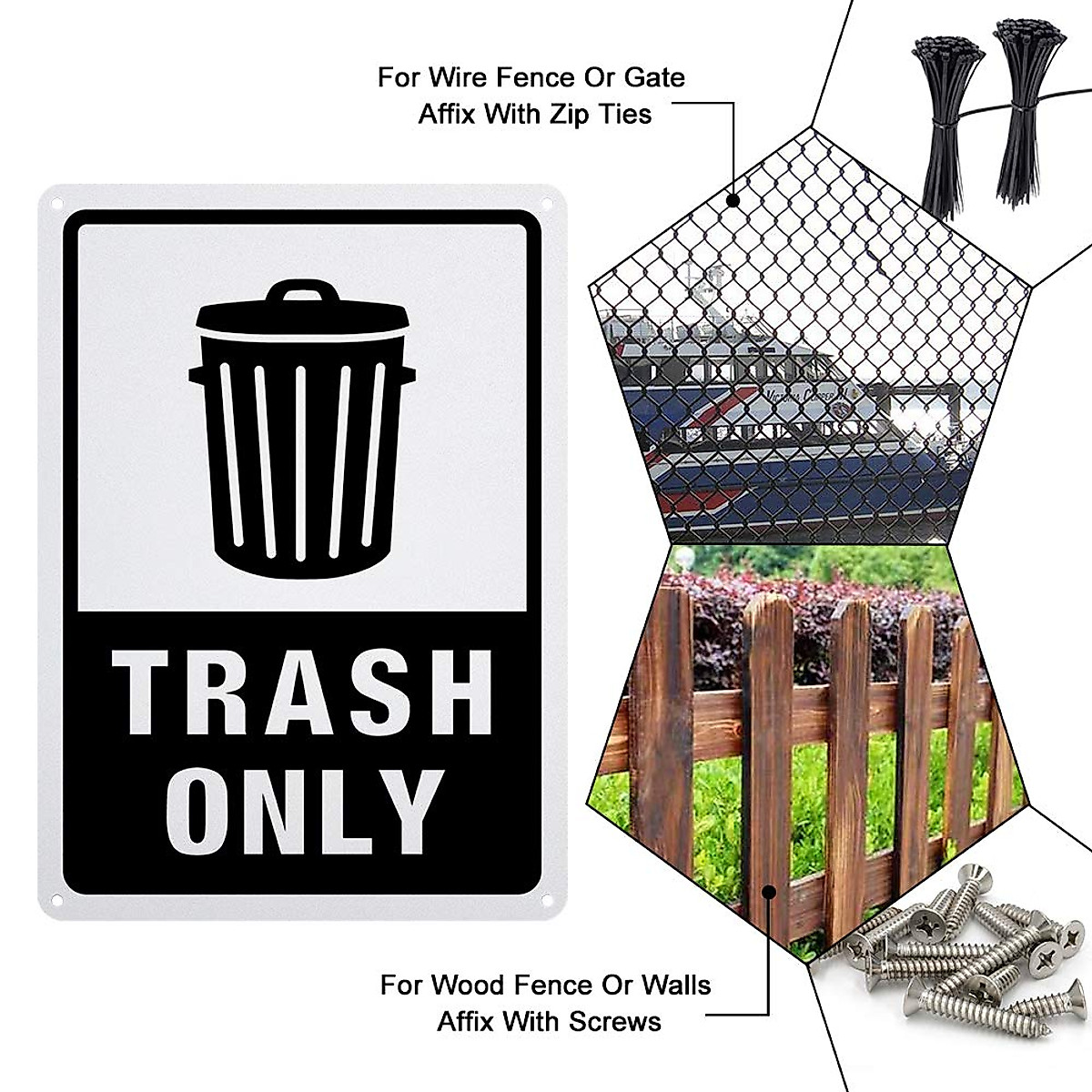 GLOBLELAND 2 Pack Trash Only Sign, 10x7 inches 40 Mil Aluminum Trash Signs Decorative for Indoor or Outdoor, UV Protected Reflective and Waterproof, Black