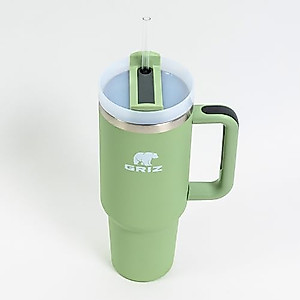 GRIZ Soft Matte H20 Flow (Bay Leaf) | 40 oz Tumbler with Handle and Straw Lid | Insulated Cup Reusable Stainless Steel Water Bottle Travel Mug Cupholder Friendly | Gifts for Women Men | Coffee Water